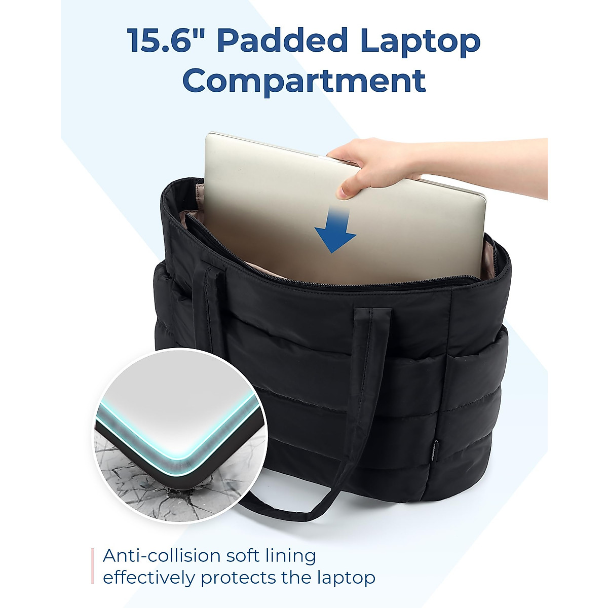 BAGSMART Tote Bag for Women, Lightweight Puffy Tote Bag with Compartments Shoulder Bag Handbag Quilted Shoulder Bag Handbag for Travel, Work, Beach, Gym, Shop (Black)