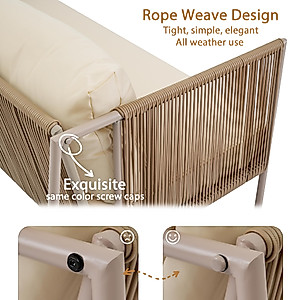 LUMISOL 4 Piece Rope Outdoor Conversation Sofa Set with Toughened Glass Table, Patio Furniture Set with Thick Cushions for 4 Person, Outdoor Furniture for Porch Backyard, Beige