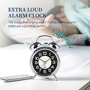 Super Loud Alarm Clock for Heavy Sleepers,4 inches Twin Bell Alarm Clock with Backlight,Battery Operated,Silent Non Ticking,for Kids,Adults,Bedrooms,Retro Decor Desk Analog Clocks.. (Noctilucent)