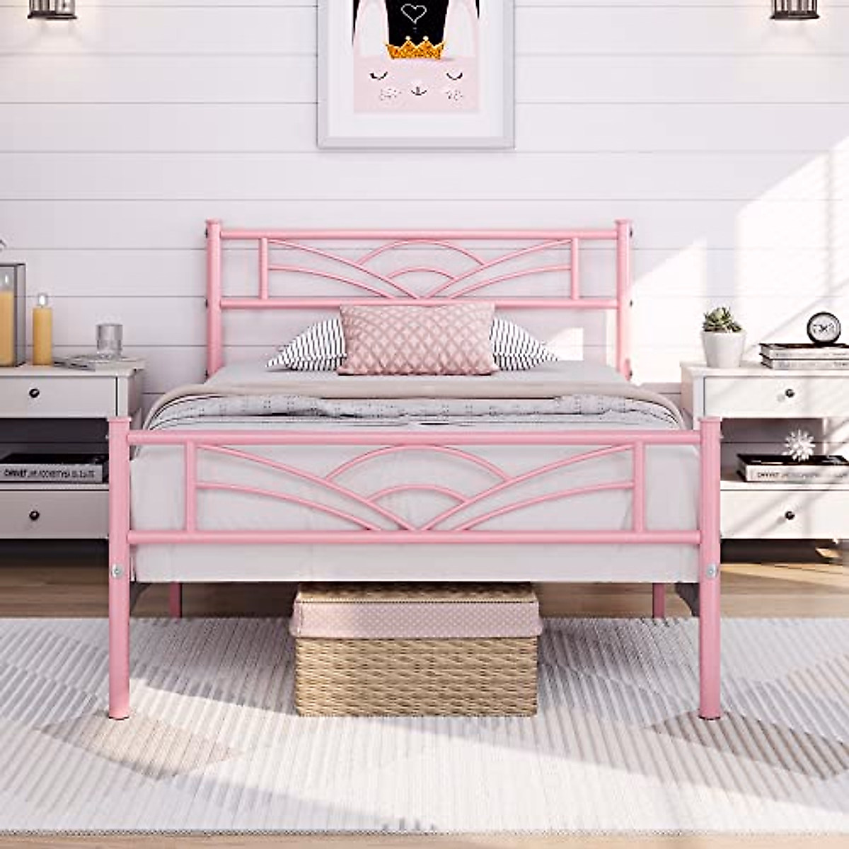 Yaheetech Twin Size Bed Frames Metal Platform Bed Mattress Foundation with Cloud-Inspired Design Headboard/Footboard/Ample Under Bed Storage/No Box Spring Needed/Pink