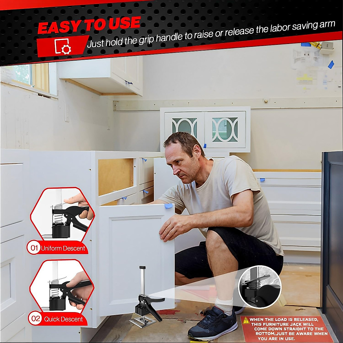 Juprodis 2 Pack Labor Saving Arm Jack, 220 LB Heavy Duty Furniture Lifter, 6.5 Inch Adjustable Height Drywall Lift, Utility Cabinet Jacks for Installing Cabinets, Doors, DYI Home Improvement, Black