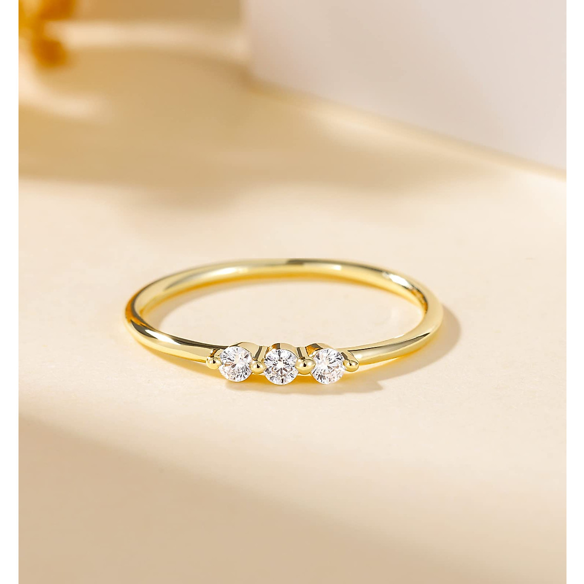 TIGRADE 1.5mm Eternity Ring 14k Gold Plated Three Cubic Zirconia Minimalist Engagement Ring Petite Round CZ Stacking Promise Ring for Women Size 3-11, Gold, Size 4.5