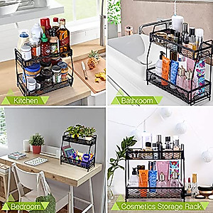 Spice Rack Organizer for Countertop, 2 Tier Metal Foldable Non-Slip Countertop Organizer, Countertop Spice Rack for Kitchen Bathroom Countertop(Black)