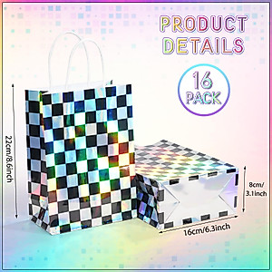 16Pcs Iridescent Checkered Race Car Party Favor Bags, Black and Iridescent Car Goodie Bags with Handles, Laser Plaid Kraft Paper Candy Gift Treat Bags for Kids Fast Race Car Birthday Party Decorations