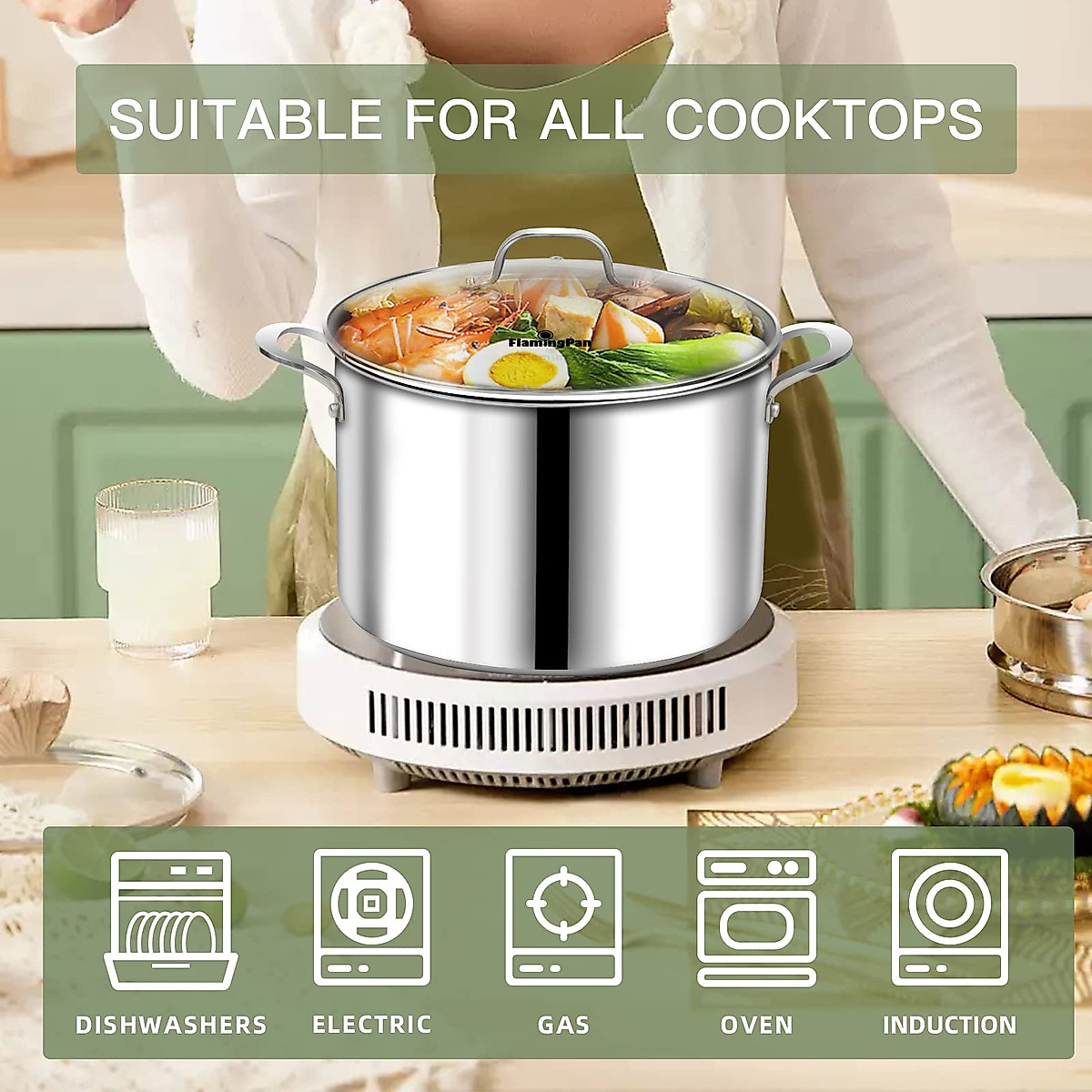 Flamingpan 12QT Heavy Duty Stainless Steel Stock Pot - Perfect Pot for Soups, Stews, Big Pot for Large Batch Cooking - Durable, Rust-Resistant & Non-Discoloring Stock Pot, Easy to Clean