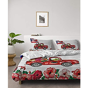 Puerto Rico Red Truck Duvet Cover Set Cali King,4 Pieces Funny Frog Hibiscus Flowers Bed Sheet Sets Soft Comforter Cover with Flat Sheet 2 Pillow Shams for Teen/Man/Woman/Toddler Flag Wood Grain