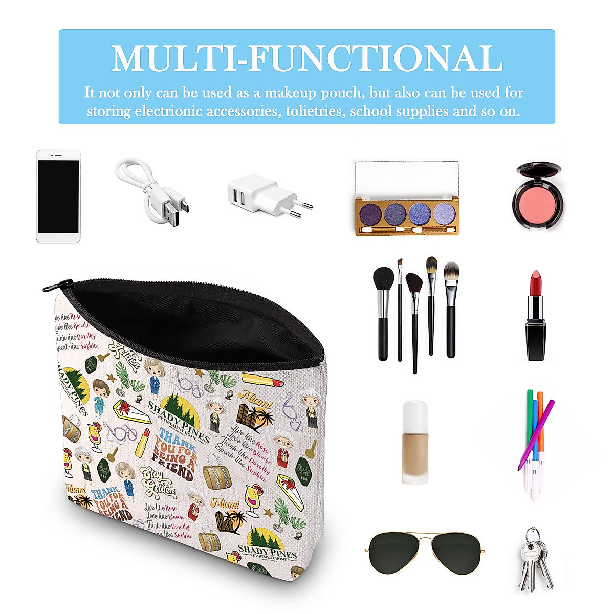 Golden TV Show Inspired Zipper Pouch TV Show Merchandise Gift Best Friend Birthday Gift Makeup Bag for BFF (Golden TV Pattern Bag)