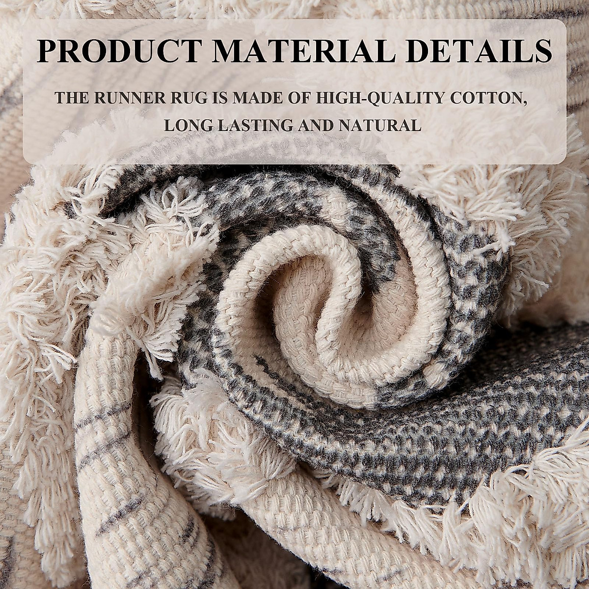 Boho Runner Rug 2'x6', Washable Hallway Farmhouse Area Rug, Kitchen Floor Mat with Tassels, Tufted Cotton Woven Entryway Carpet, Grey