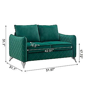 Artechworks Velvet Modern Loveseat Sofa Couch, Tufted Upholstery, Comfy Reception Love Seats, 2- Seat Chair Couch for Office, Home, Bedroom, Living Room, Apartment, Silver Tone Metal Legs, Dark Green