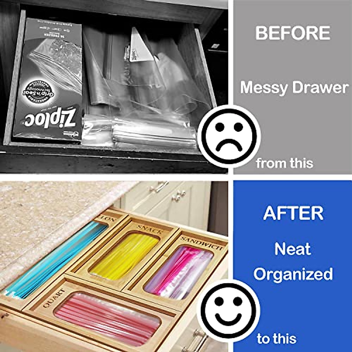 Bamboo Ziplock Bag Storage Organizer for Kitchen Drawer, Plastic Food Bags Organizer Removable Front, Compatible with Ziploc, Solimo, Hefty Baggie Dispenser Holder for Gallon,Quart,Sandwich Slider Bag