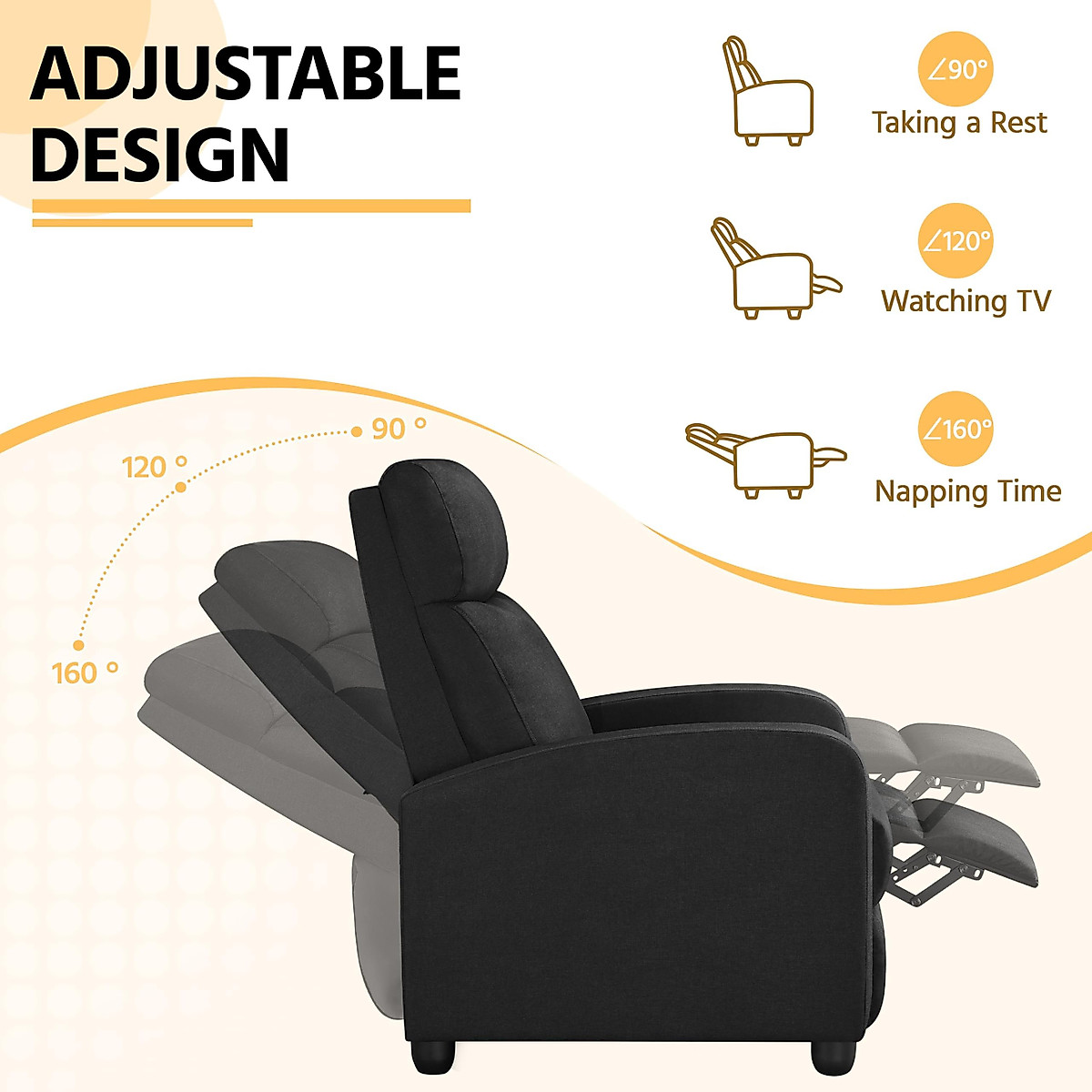 Yaheetech Fabric Recliner Chair Sofa Ergonomic Adjustable Single Sofa with Thicker Seat Cushion Modern Home Theater Seating for Living Room Matte Black