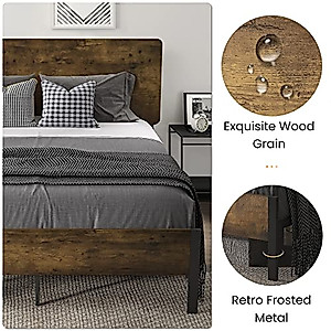 SHA CERLIN Queen Size Metal Platform Bed Frame with Wooden Headboard and Footboard/Mattress Foundation/No Box Spring Needed/Non-Slip Without Noise/Black&Brown