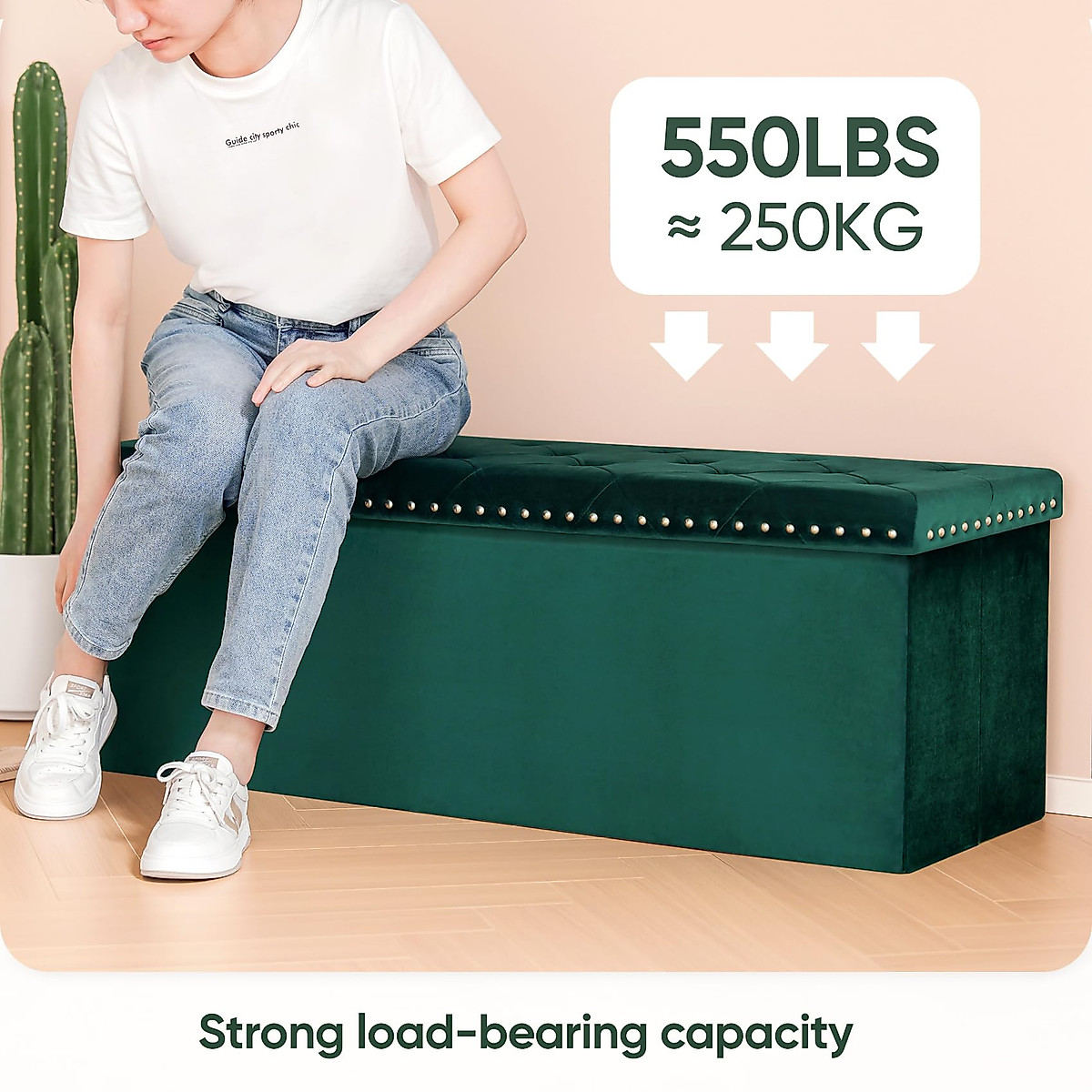 PINPLUS Storage Ottoman Bench for Bedroom, Green Ottoman Folding Velvet Toy Chest with Benches Foot Rest Stool, Large Long Foldable Chest for Entryway Living Room, 41.3"x15.7"x15.7"