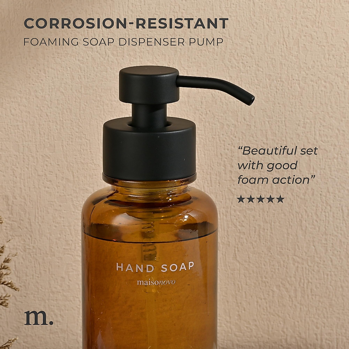 MaisoNovo Glass Foaming Hand Soap Dispenser 14 Oz | Amber Foaming Soap Dispenser Black Pump x 1 w/Labels