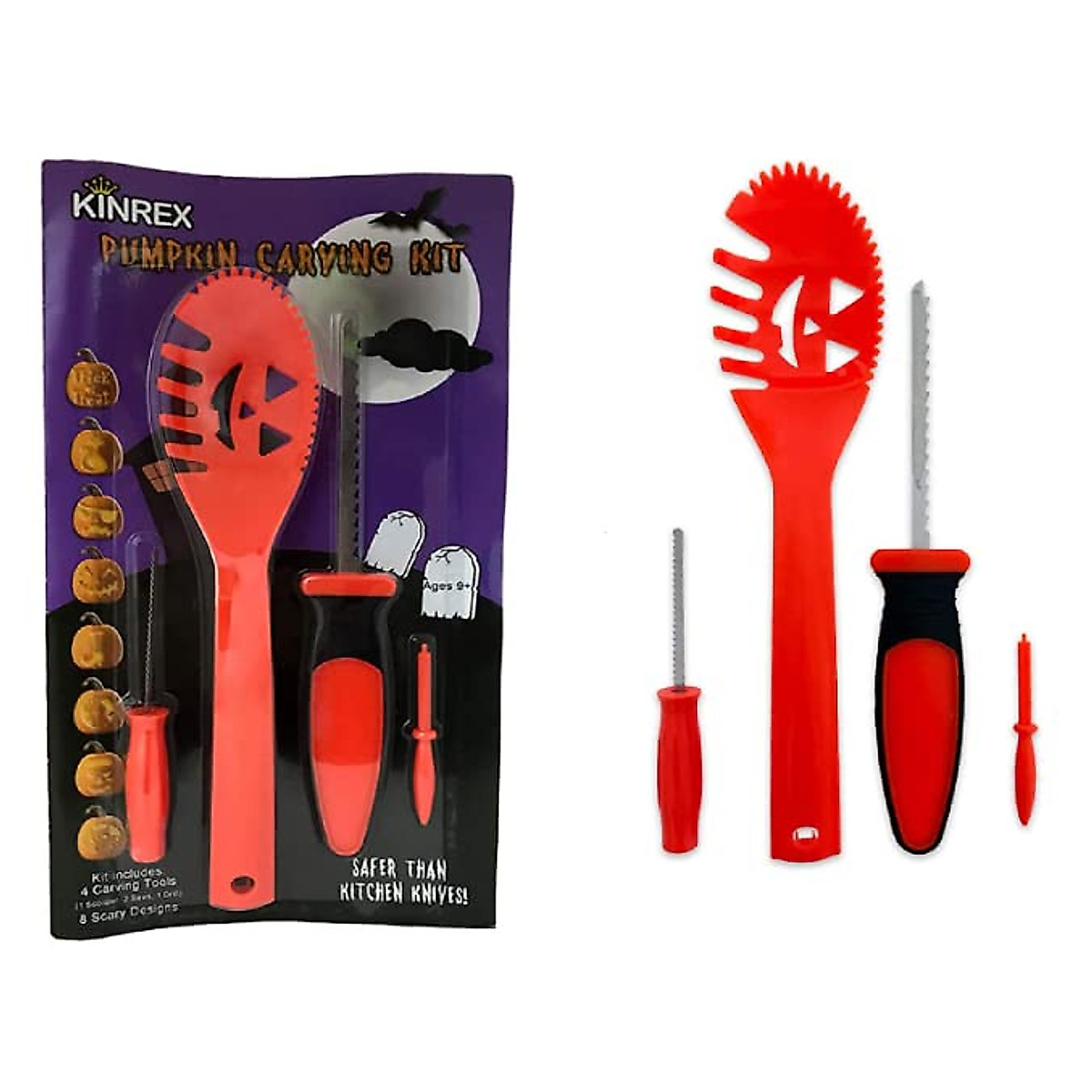 KINREX Pumpkin Carving Kit – Halloween Carve Tools Set For Kids & Adults, 8 Paper Stencils Patterns Designs Templates Jack o Lantern Decoration, Includes Small & Big Saw Tool, Scooper & Drill