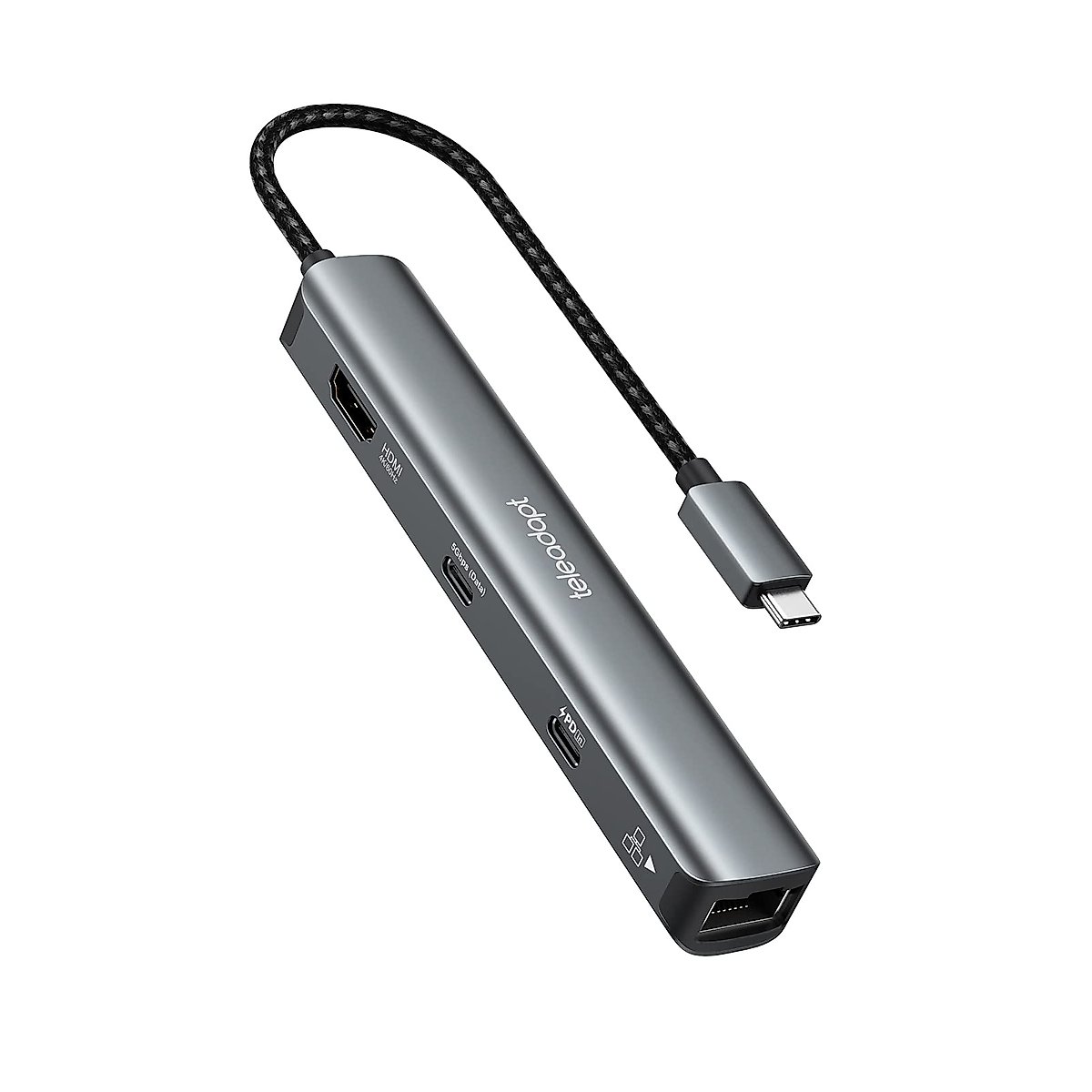 Teleadapt USB Type C Hub, 6-in-1 USB C HDMI Adapter with Ethernet, 5Gbps USB Type-C Data, 2 USB 3.0, USB Hub Power Delivery 100W Ideal for MacBook Pro/Air, iPad Pro, Dell XPS