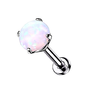 Pierced Owl 16-20GA G23 Implant Grade Titanium Threadless Push-in Prong Set Synthetic Opal Barbell Stud (White, 18GA / 3mm Ball)
