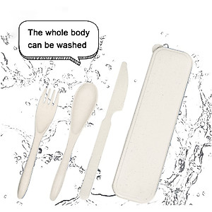 4 Pack Travel Utensil Set with Case, Wheat Straw Reusable Spoon Knife Forks Tableware, Portable Cutlery for Adult Travel Picnic Camping or Birthday, Anniversary Use (Beige)