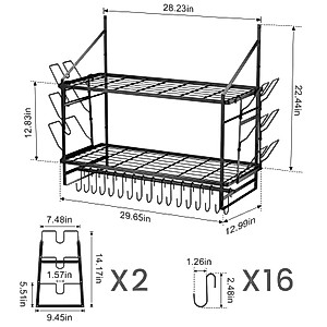 HOYRR Hanging Pot Rack Wall Mounted,30 Inch Wall Hanging Pot Rack,Pot Hangers for Kitchen Wall Mount,Pot And Pan Hanger Side Piece with 2 Pieces Pans Lids Organizer,Wall Pot Rack Hanging Rod+16 Hooks