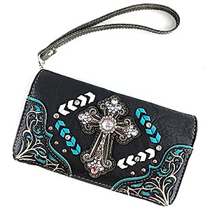 Justin West Trendy Western Cross Rhinestone Leather Conceal Carry Top Handle Square Backpack Purse (Black Blue Wallet Only)