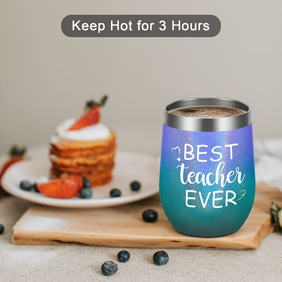 Qtencas Teacher Gifts, Best Teacher Ever Tumbler with Lid, Thank You Appreciation Gifts for Teacher Women on Birthday Christmas, 12 Oz Insulated Stainless Steel Wine Tumbler, Glitter