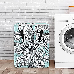 Retro Bohemia Florals Blue Boho Laundry Basket Collapsible Storage bin with Handles for Hamper,Kids Room,Toy Storage
