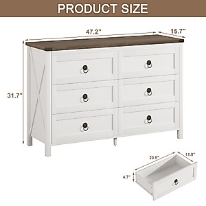 ChooChoo Farmhouse 6 Drawer Dresser, White Dresser for Bedroom, Wide Dressers & Chests of Drawers for Entryway, Hallway
