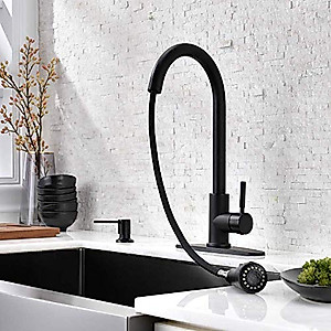 Hovheir Matte Black Kitchen Faucet with Soap Dispenser, Single Handle Pull Down Kitchen Faucet, High Arch Single Handle Stainless Steel Pull Out Sprayer Kitchen Sink Faucet