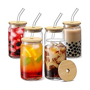 Can Shaped Drinking Glass With Bamboo Lids and Straw, 16 Oz, 4 pcs Set, Beer Can Shaped Glass Cups,Reusable Glass for Water, Wine, Juice, for Cocktail, Soda, Tea, Whiskey