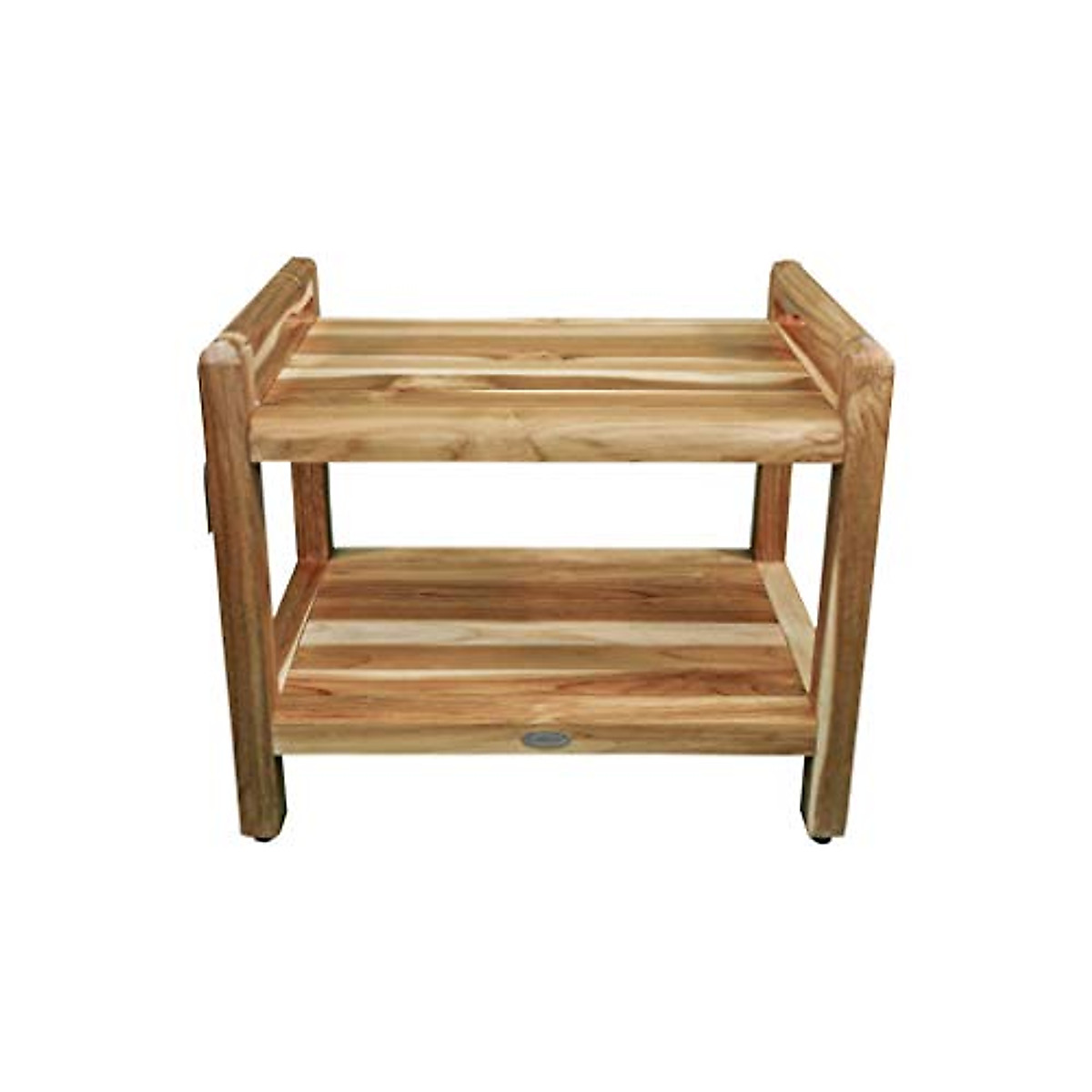 EcoDecors Eleganto Earthy Teak Shower Bench 2-Tier Wooden Seat Spa Shower Stool with Storage Shelf and LtAide Arms,for Indoor and Outdoor- 24 Inches