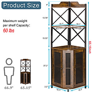 JKsmart Corner Bar Cabinet with LED Lights, 5-Tier Industrial Wine Bar Cabinet with Glass Holder, Farmhouse Liquor Cabinet with Shelf and Door, Home Bar for Coffee Bar Cabinet, Rustic Brown