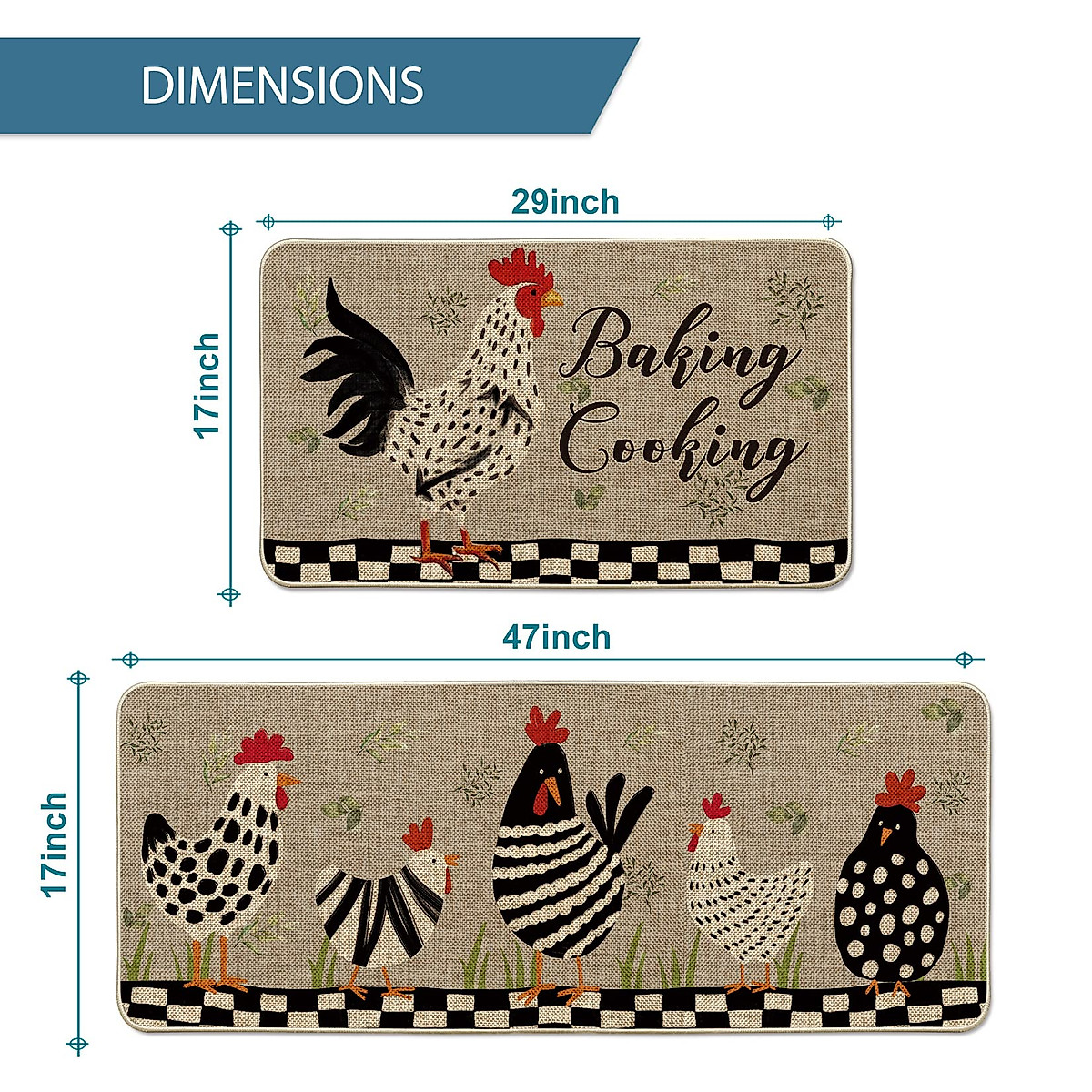 Artoid Mode Baking Cooking Chicken Rooster Kitchen Mats Set of 2, Home Decor Low-Profile Kitchen Rugs for Floor - 17x29 and 17x47 Inch