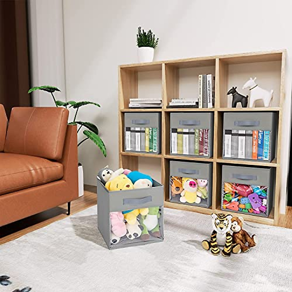 DIMJ Cube Storage Bins, 3 Packs Clear Window Fabric Storage Bin Organizer for Closet Shelves Home Storage Cubes Organizer with Handles