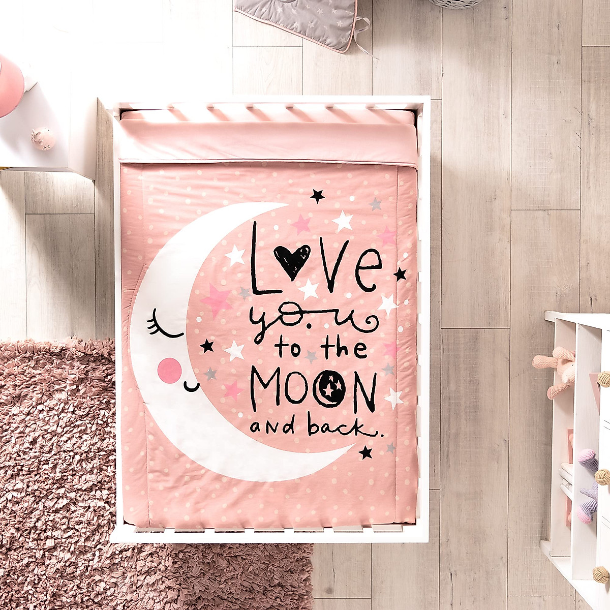 DreamPartyWorld Moon & Stars Crib Bedding Set for Baby Girls Bed Set Pink | 4 Pieces | Material: 100percent Cotton