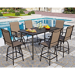 PHI VILLA 7 Piece High Patio Bar Dining Set, Bar Height Outdoor Table and Chairs Patio Furniture Set with 6 Patio Swivel Bar Stools & 40" Table for Garden, Yard and Terrace