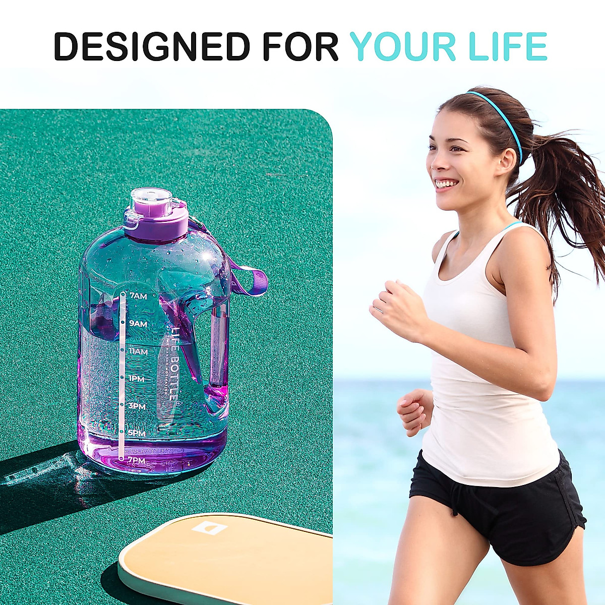 Life Bottle 1 Gallon Water Bottle with Straw Lid and Chug Lid, Leakproof Water Jug. Big Water Bottle with Time Marker, No Quotes. 128 oz with Handle and Straw, BPA Free