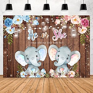 Aperturee 7x5ft Elephant Gender Reveal Backdrop He or She Pink or Blue Boy or Girl Floral Flower Rustic Wood Floor Baby Shower Photography Background Party Decorations Banner Photo Studio Props