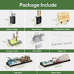 BOOSINY Over Sink Dish Drying Rack 3 Tier Full 304 Stainless Steel Above Sink Dish Drainer for Kitchen Shelf, Expandable Over The Shelf Storage Organization (Black - 25.5"-35.5")