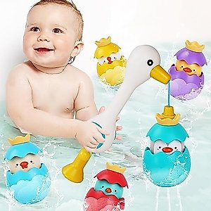 Hiitytin Bath Toy for Toddlers 1-3 Bathtub Toy with Fishing Floating Squirts Toy Water Scoop Swimming Egret Bird and Stacking Cups (6 Pack)