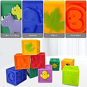 Building Blocks Baby Toys for 3 Months and up, Soft Squeeze Sensory Colorful Teething Chewing Educational Stacking Blocks with 3D Embossed Patterns