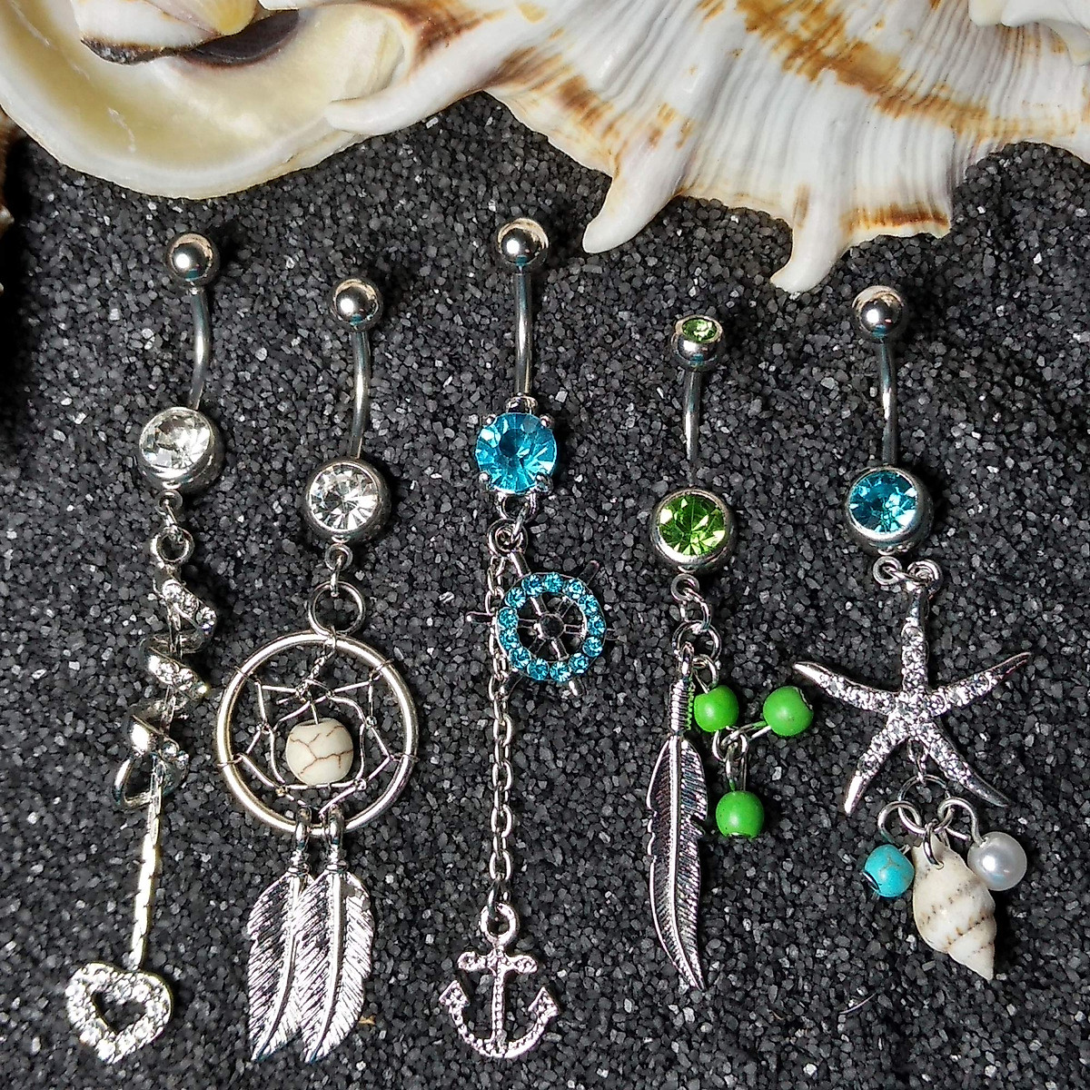 BodyJ4You 5PC Belly Button Rings Anchor Seashell Nautical Value Pack 14G Dangle Stainless Surgical Steel Barbell CZ Multicolor Crystal Girl Women Teen Gift Jewelry