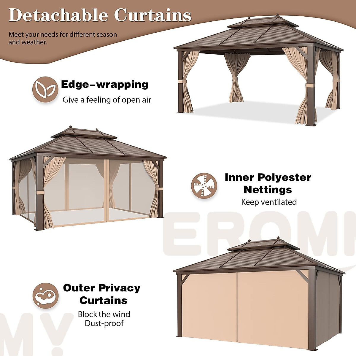 EROMMY 10' x 13' Hardtop Gazebo Double Roof Galvanized Steel Canopy Outdoor Aluminum Frame Permanent Metal Pavilion with Netting and Curtains for Patio Backyard Deck and Lawns