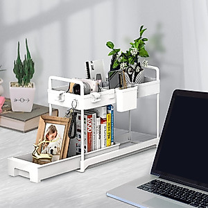 Vantency 2 Pack Under Sink Organizer, 2 Tier Sliding Under Kitchen Cabinet Storage Drawer with Hooks, Hanging Cup, Dividers, Handles and Anti-Slip Foot Mats (2PC-White)