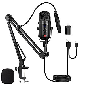 USB Microphone for PC Computer PS4 Cardioid Condenser ASMR Microphone Kit Metal Podcast Microphone for Streaming Gaming Studio Video Recording YouTube Noise Cancelling Mic Kit for Laptop,Phone,Mac