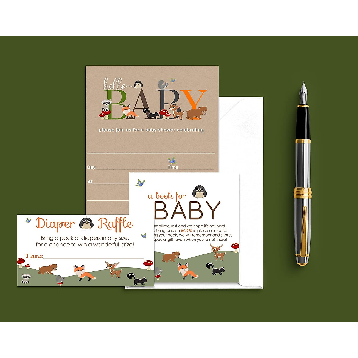 Paper Clever Party Woodland Invitation Kit for Baby Shower, Set Includes Blank Invites with Envelopes, Diaper Raffle Tickets and Bring a Book Cards, 25 of Each Design