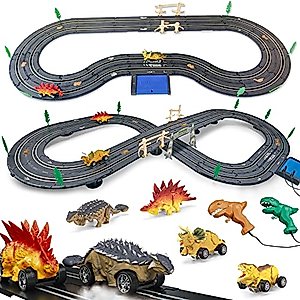 Electric Slot Car Race Track Sets for Boys Age 8-12, Including 2 Dinosaur Cars 2 Hand Controllers, Electric Dinosaur Racing Tracks for Kids, Gift Toys for Children Over 8 Years Old