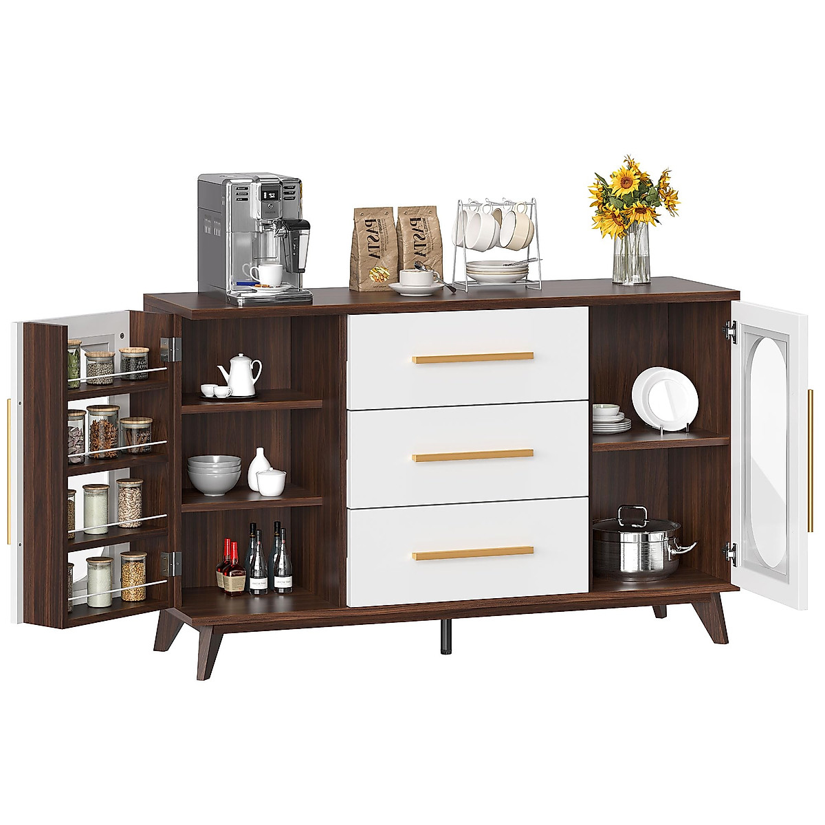 DWVO Storage Cabinet, 59'' Sideboard Buffet Cabinet with Storage, Coffee Bar Cabinet with 3 Drawers, 2 Glass Doors, Capacity 300 lbs, Credenza for Kitchen, Living Room, White Brown