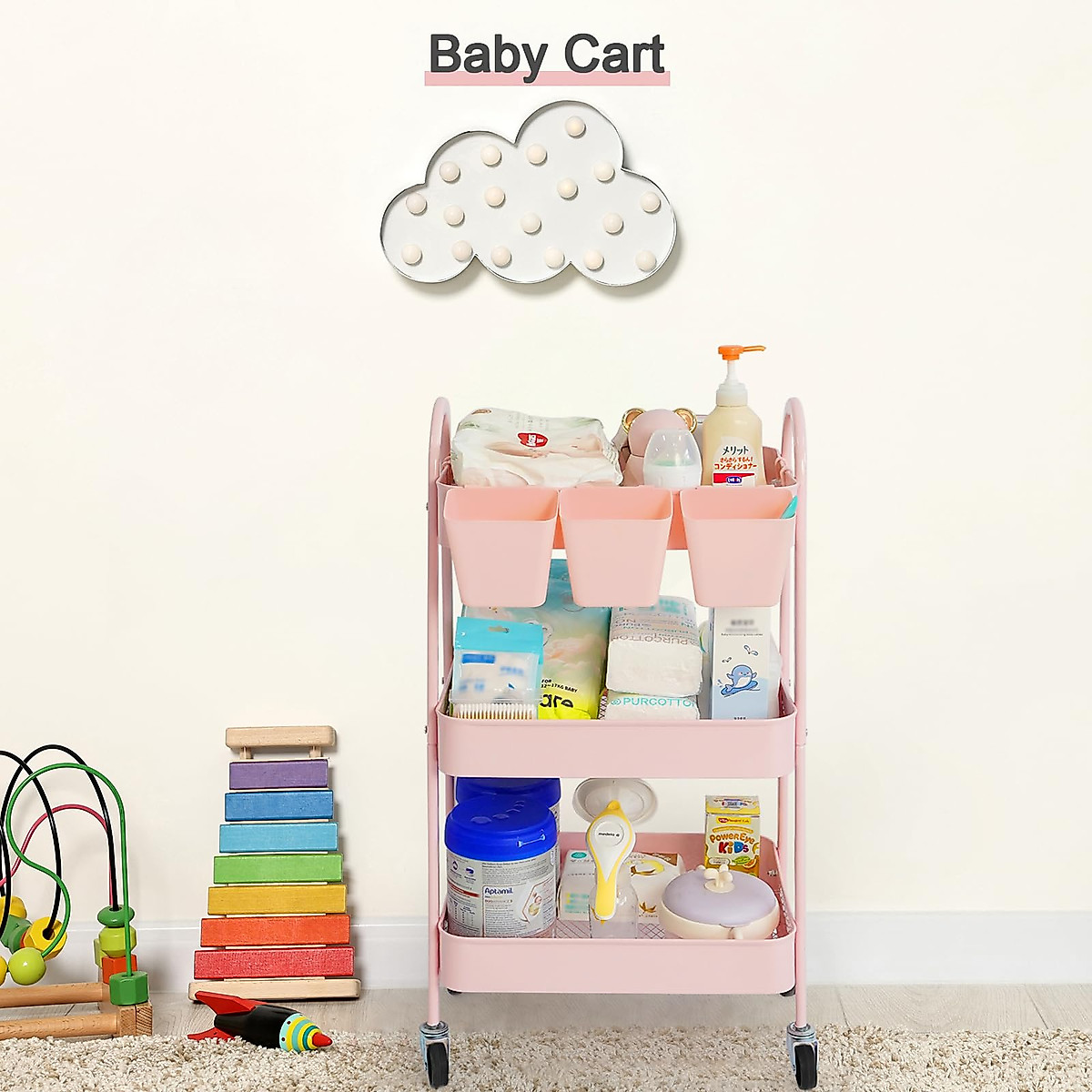 danpinera 3-Tier Rolling Cart, Metal Rolling Storage Cart with Lockable Wheels & Hanging Cups & Hooks, Mobile Trolley Cart for Kitchen, Bathroom, Office, Workshop, Pink