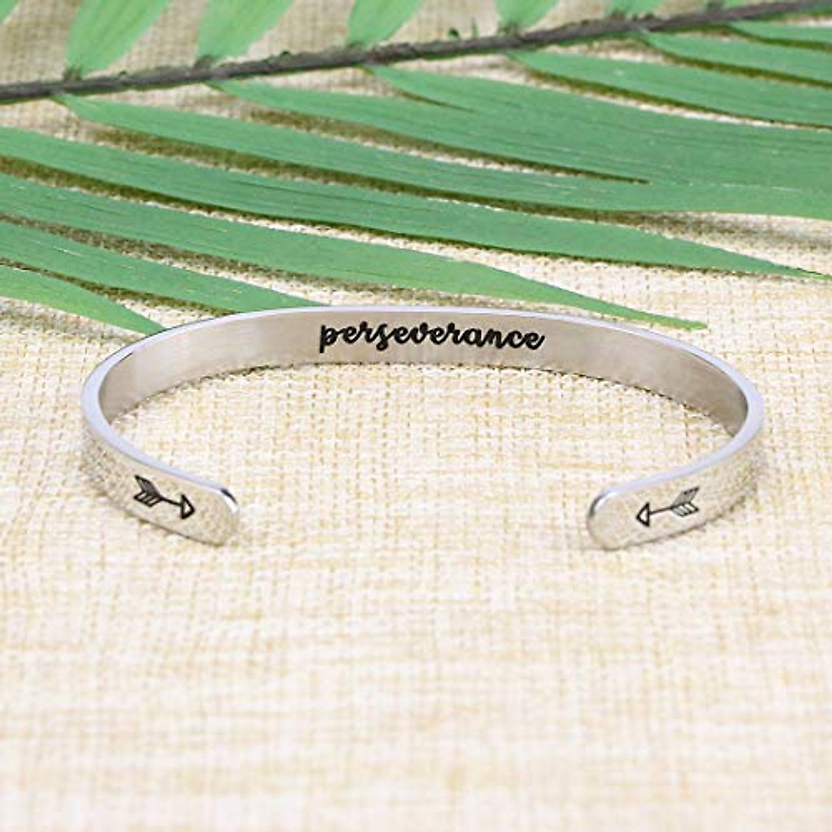 JoycuFF Perseverance Inspirational Bracelets for Women Mantra Silver Metal Open Handmade Quote Message Bangle