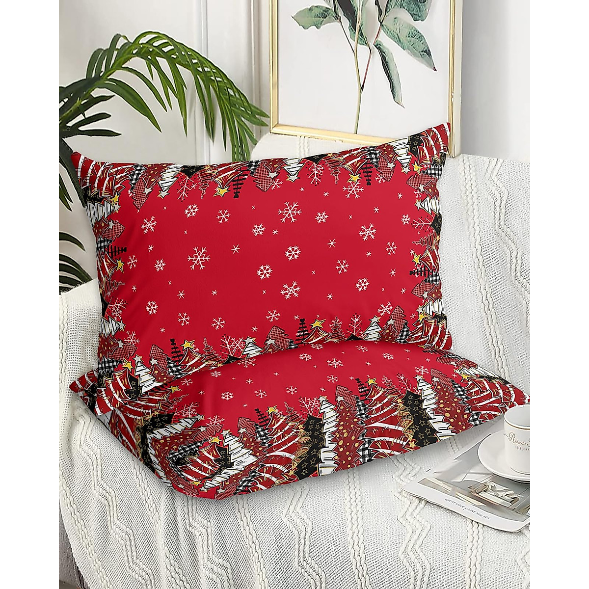 Red Christmas Tree Pillowcases Queen Size,2 Packs Soft Bed Throw Pillow Covers Decorative Sofa Couch Long Body Lumbar Bolster Cushion Case Envelope Closure,Snowflake Star Lattice Polka Dots 20" x30